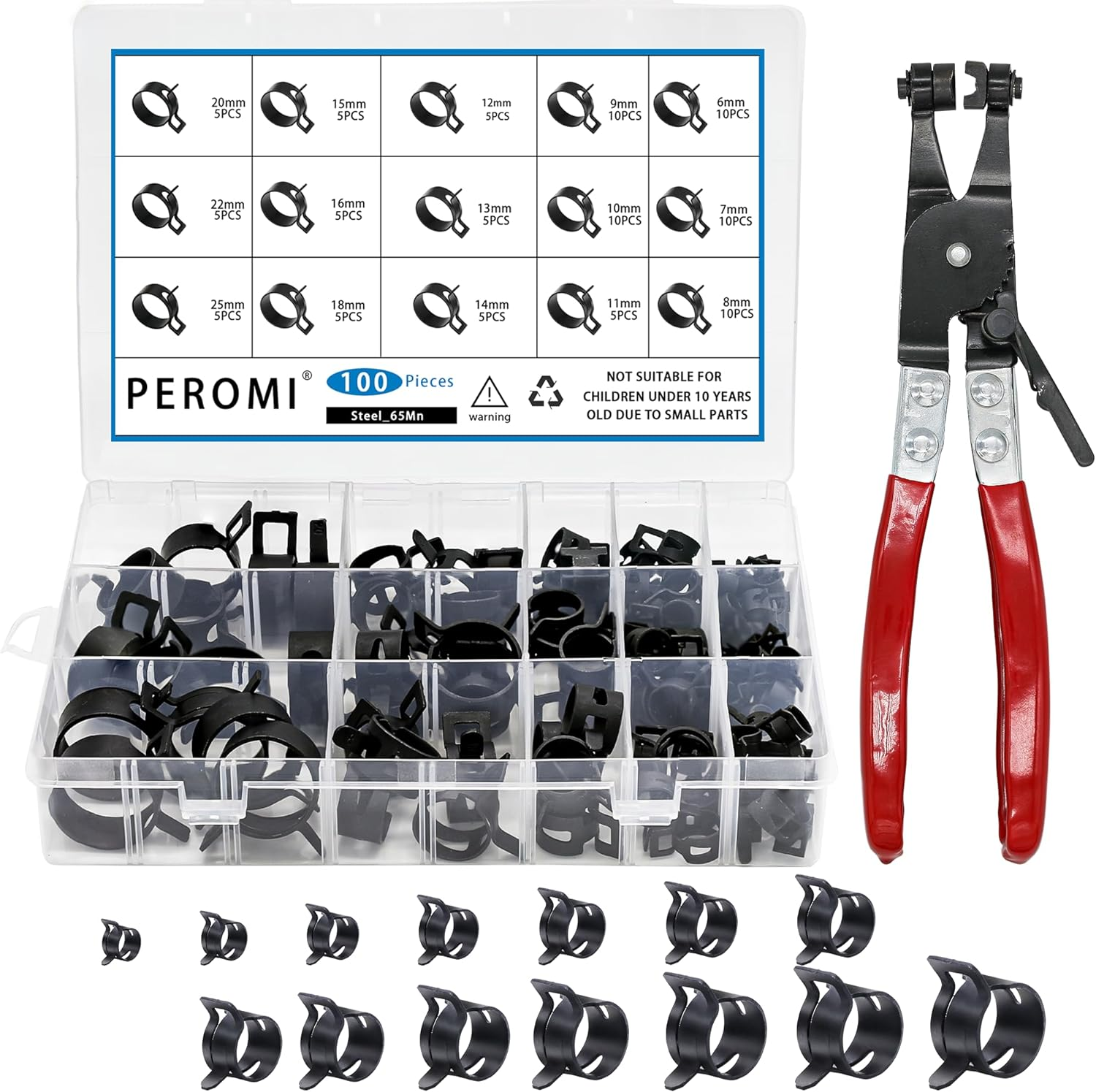 100Pcs 6-25mm Spring Band Hose Clamp Assortment Kit Swivel Flat Hose ...