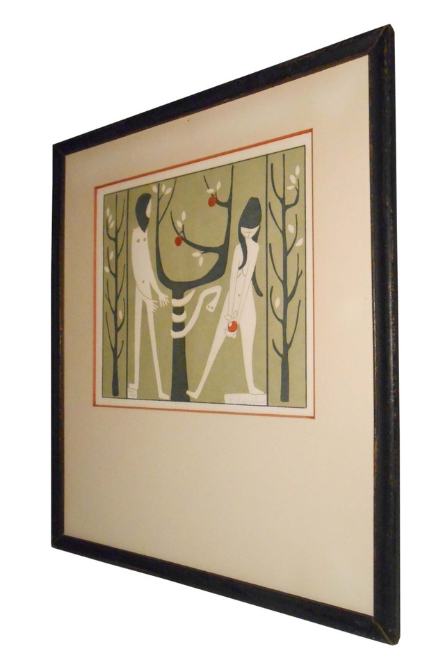 P. FRENCH PENCIL SGND MID-20TH C VINT ADAM & EVE COLOR SERIGRAPH, ORIG ...