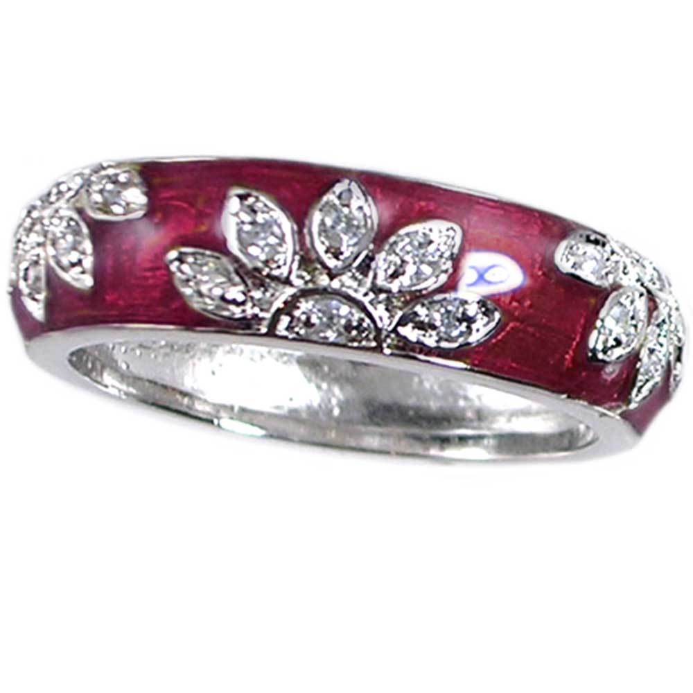 3-RING SET_CHERRY-RED ENAMEL FLORAL CZ BAND RINGS_SZ-9_925 STERLING ...