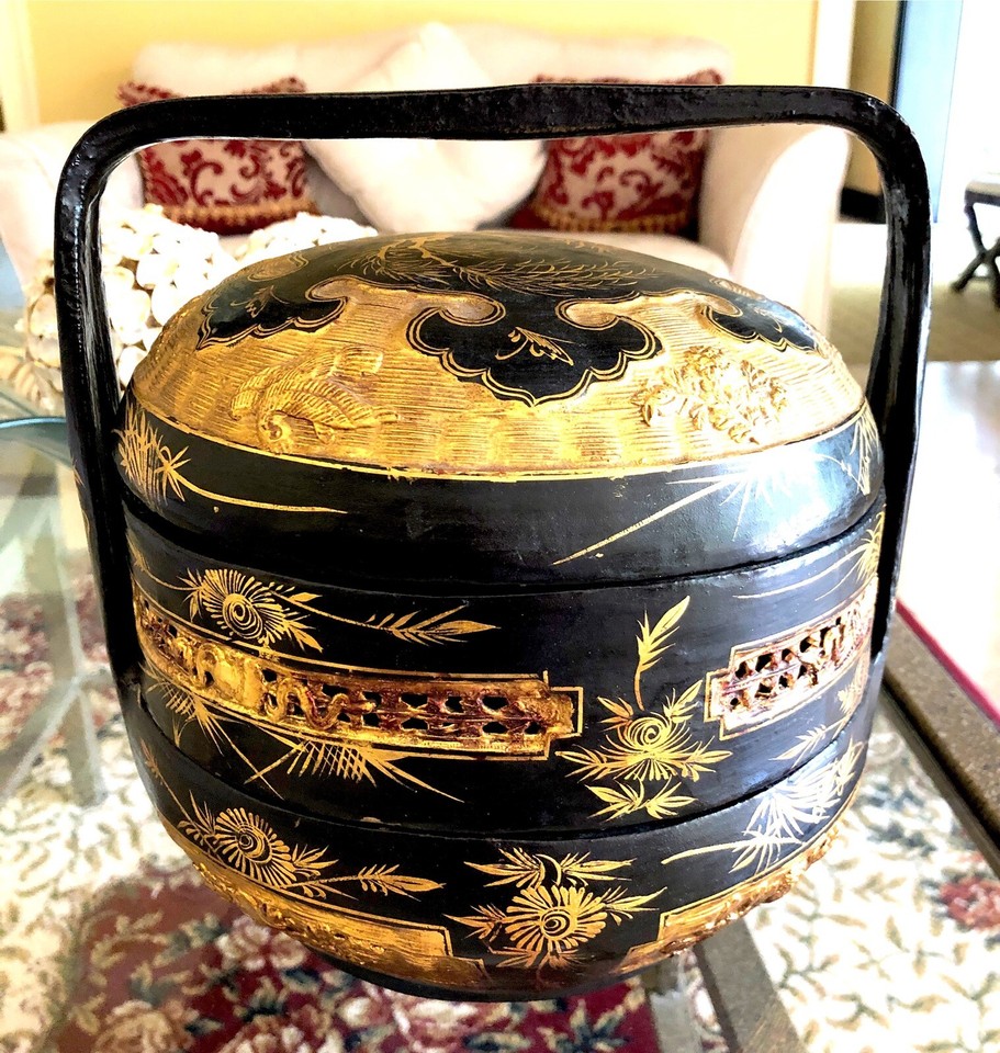 MEIJI PERIOD JAPANESE JUBAKU BAMBOO 3 TIERED BENTO BOX GOLD & BLACK ...