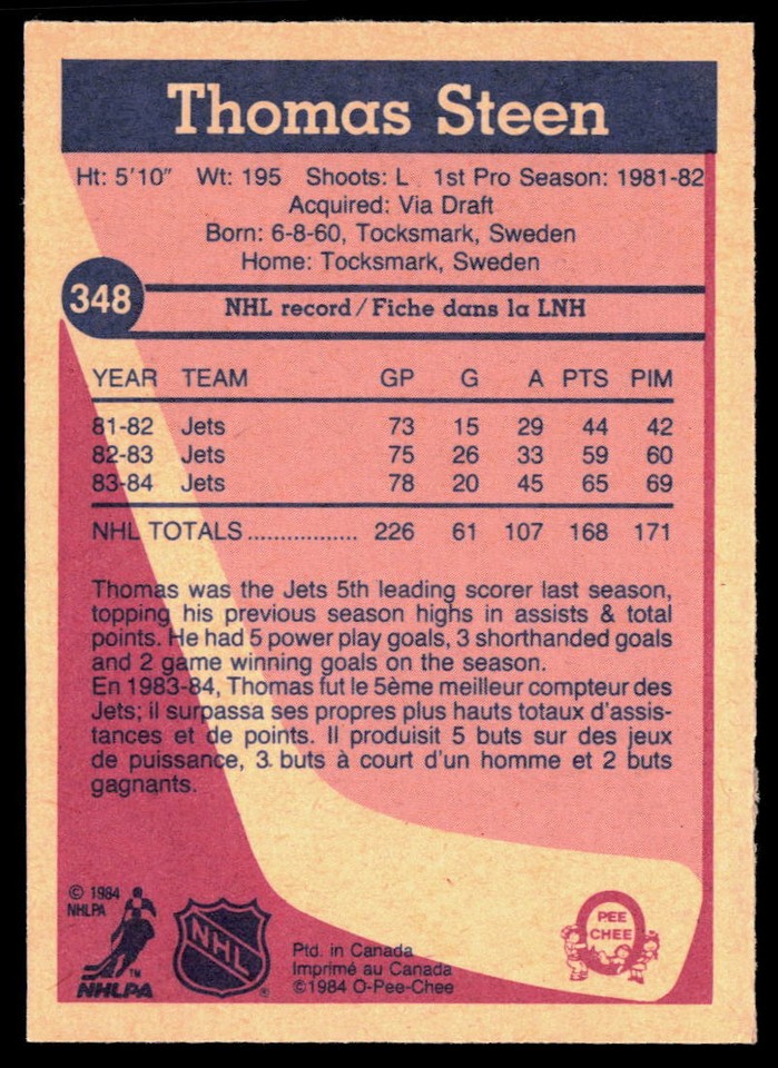 Thomas Steen 1984-85 O-Pee-Chee #348 | eBay