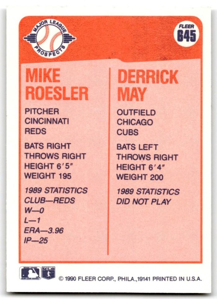 1990 FLEER MIKE ROESLER/DERRICK MAY RC CINCINNATI REDS/CHICAGO CUBS ...