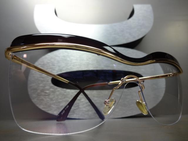 OVERSIZED VINTAGE RETRO SHIELD Style Clear Lens EYE GLASSES Gold ...