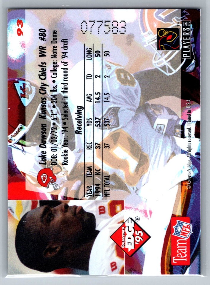 Lake Dawson 1995 Collector's Edge FOOTBALL #93 Kansas City Chiefs | eBay