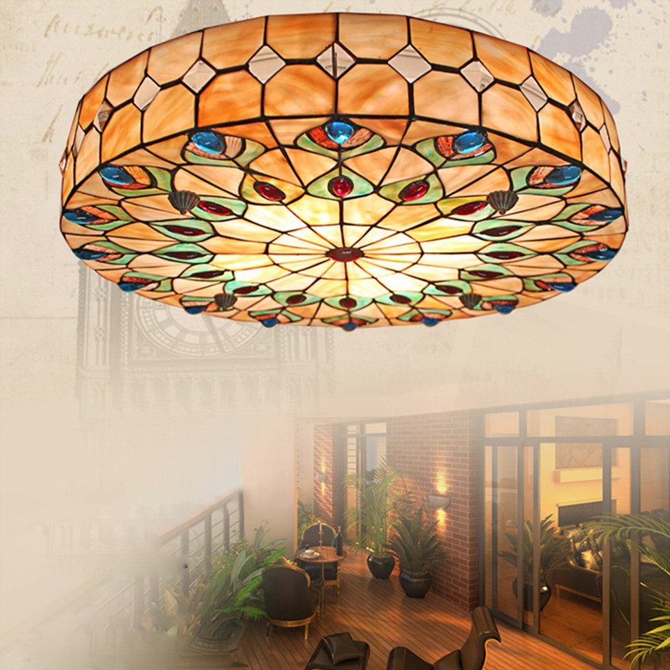 Vintage Tiffany Glass Ceiling Light Bedroom Flush Mount LED Chandelier ...