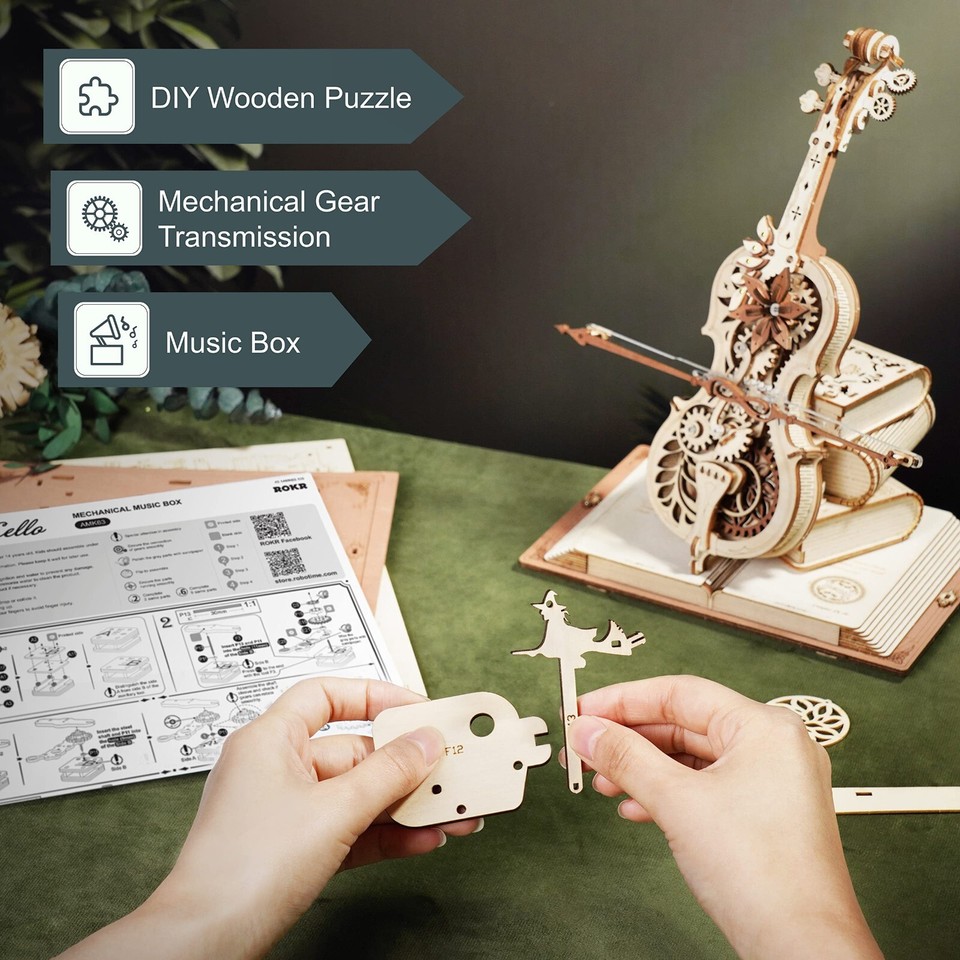 ROKR 3D Wooden Puzzle Magic Cello Mechanical Music Box Model Kit Decor ...