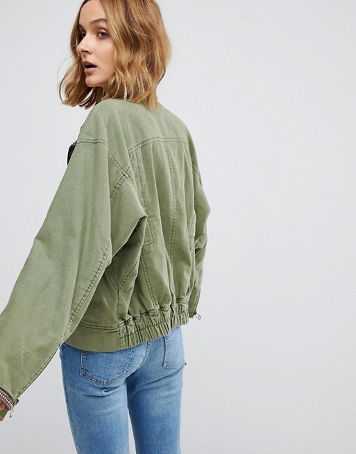 FREE PEOPLE Flight Line Bomber Jacket Cargo Moss Sz S | eBay