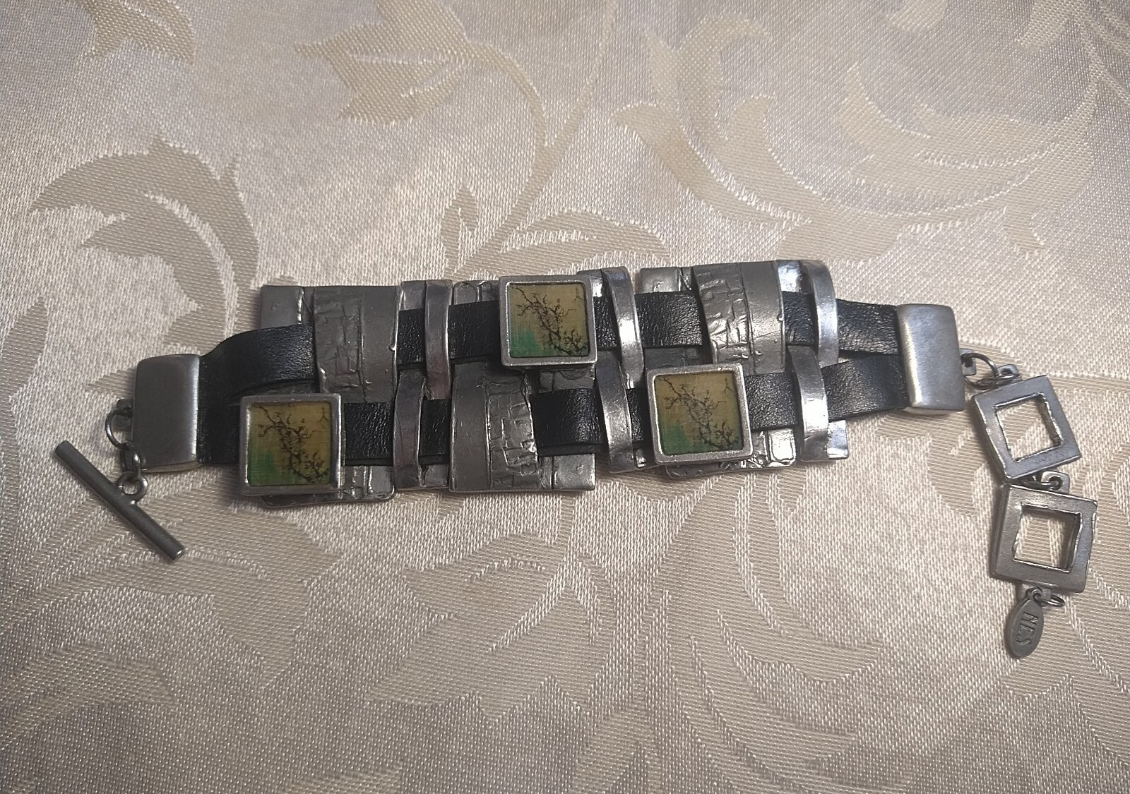 NES Montreal Signed Pewter &Leather Chunky Bracelet - Gem