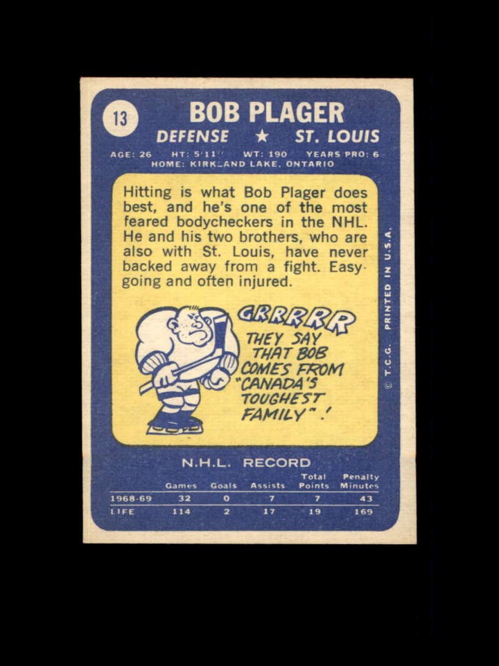 1969 Topps Hockey #013 Bob Plager STARX 8 NM/MT (LS808144) | eBay