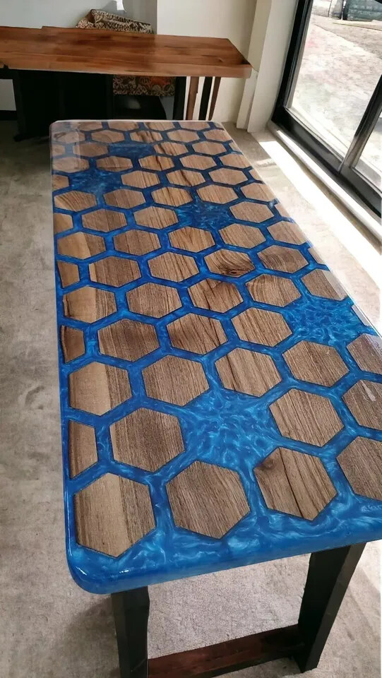 Honeycomb Blue Epoxy Consol Counter Bar Table Top, Wooden Bar Counter ...