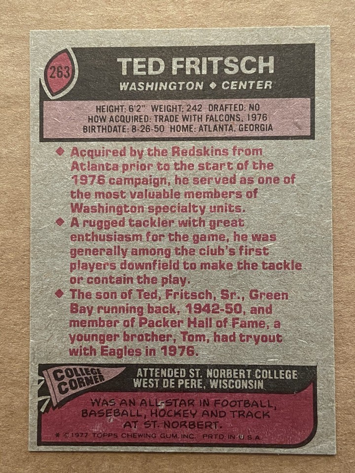 TED FRITSCH Hand Signed 1977 Topps #263 Redskins St Norbert Autograph ...