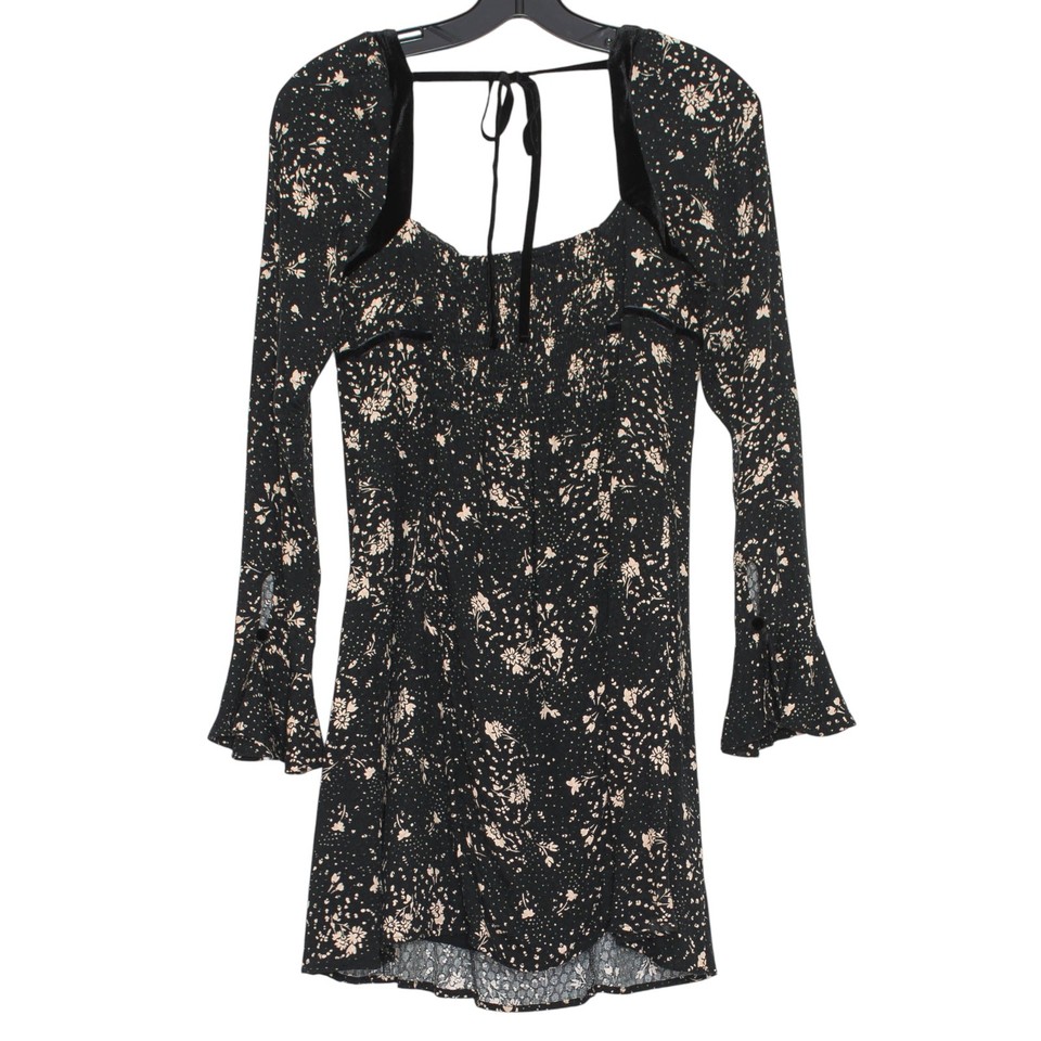 Free People Dress Tess Mini Floral Milkmaid Bell Sleeve Velvet Black ...