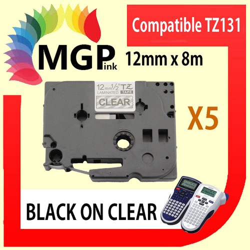 5x Laminated Label Tape for Brother TZ-131 TZe-131 Black on Clear 12mm ...