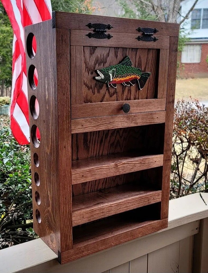 FLY ROD & REEL STORAGE CABINET - Choose your Trout species & Stain | eBay