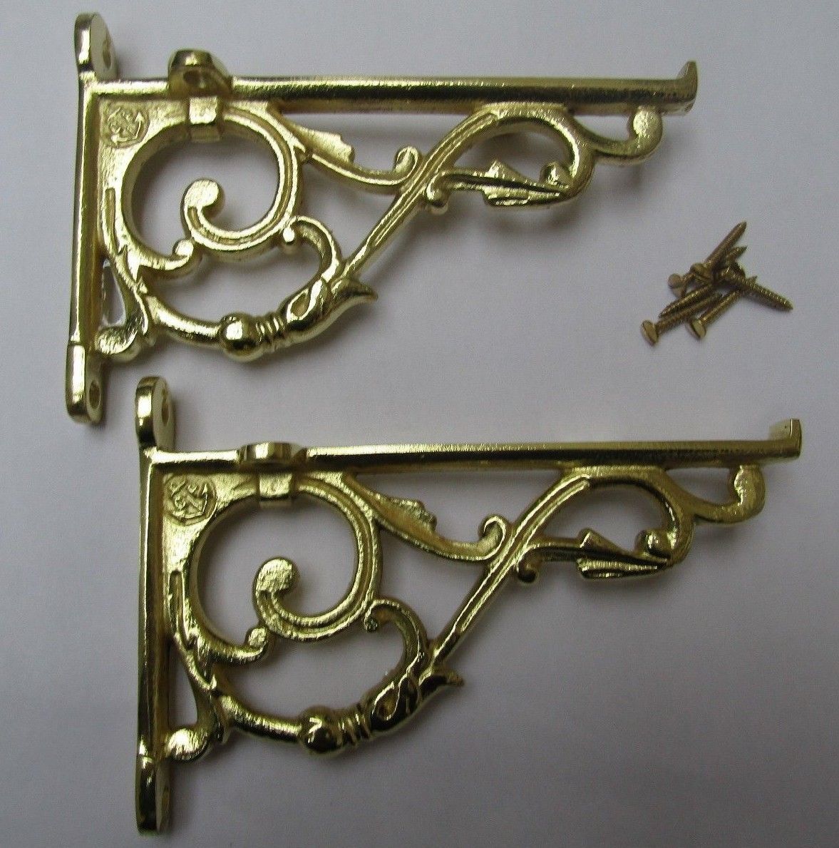 PAIR OF SMALL LIPPED BRASS cast iron ornate shelf support wall brackets ...