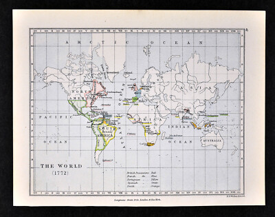 1892 Map The World in 1772 North South America Africa British Spanish ...