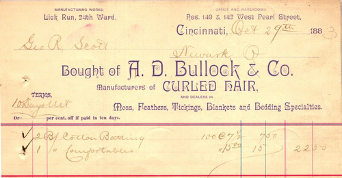 Bullock & Co Cincinnati OH 1883 Billhead Curled Hair Moss Feathers ...