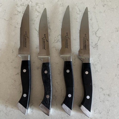Four LONGHORN STEAKHOUSE Steak Knives, heavy weight, Logo, Serrated 10. ...