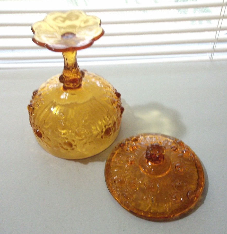Fenton Amber Cabbage Rose Compote with Lid | eBay