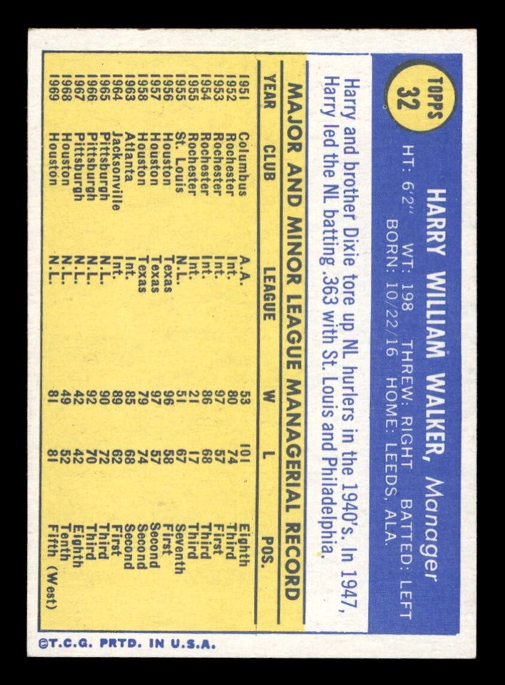 1970 Topps Baseball #32 Harry Walker NM/MT *e2 | eBay