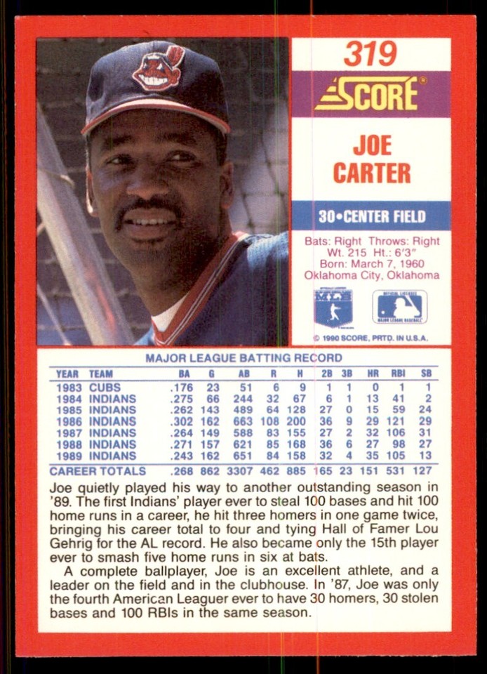 1990 Score Joe Carter Baseball Cards #319 | eBay