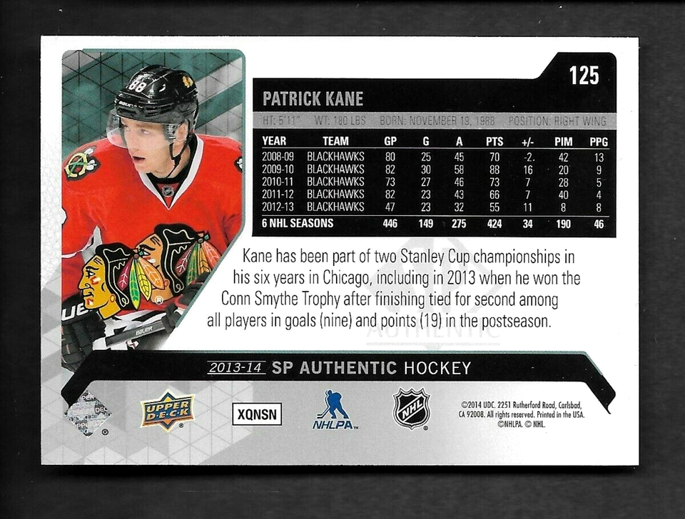 PATRICK KANE 2013-14 SP AUTHENTIC !! CARD #125 BLACK HAWKS LEGEND | eBay