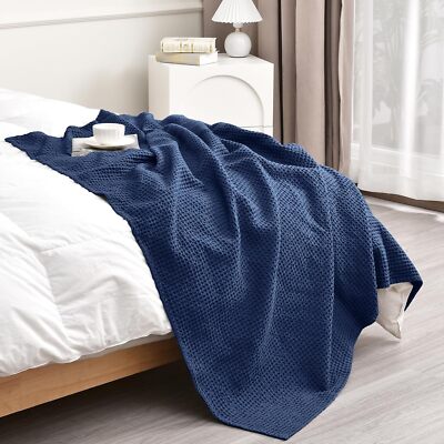 PHF 100% Cotton Waffle Weave Throw Blanket Throw(50" x 60"), Navy Blue ...