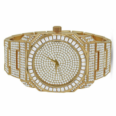 Mens Full 10k Yellow Gold Tone Ice Master Bling Baguette Cz Stone Watch ...