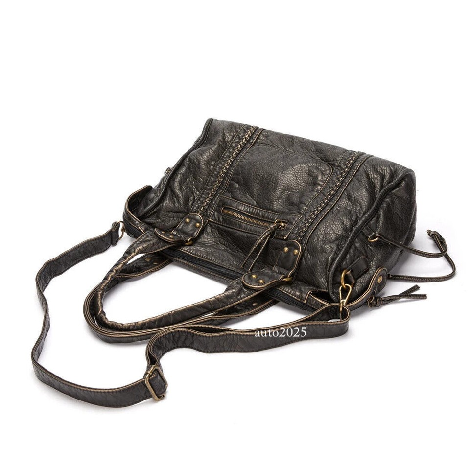 Women Handbag Pu Leather Tote Bag Vintage Washed Leather Shoulder Bag ...