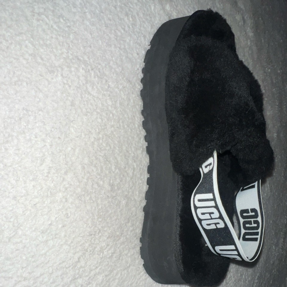 UGG Fluff Yeah Black Platform Fur Slide Slipper Women Logo Strap Open ...