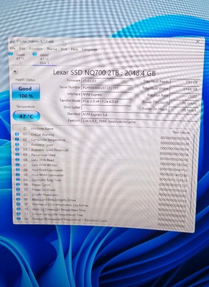 Lexar NQ700 M.2 2280 PCIe Gen4x4 NVMe SSD 2TB 100% Health Only 98 Hrs ...