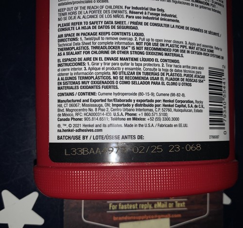 USA LOCTITE 554 250mL Refrigerant Thread Sealant 8.45 FL. OZ. 135489 ...