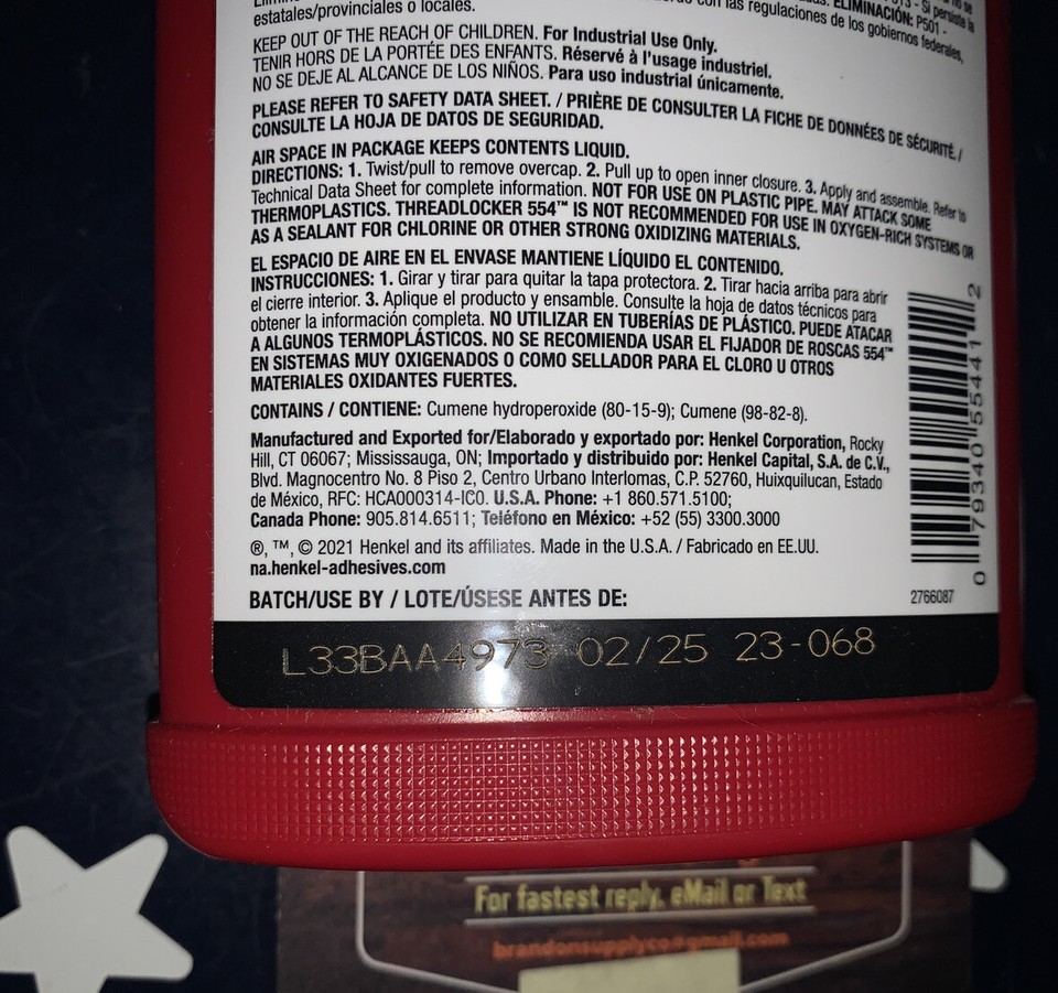 USA LOCTITE 554 250mL Refrigerant Thread Sealant 8.45 FL. OZ. 135489 ...