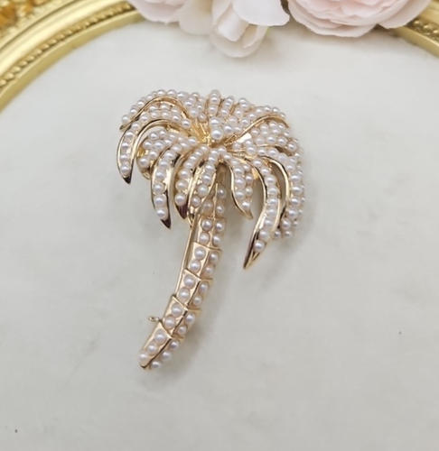 Palm Tree BROOCH Faux Seed Pearl SIGNED Gold Tone Pin Nautical Beach ...