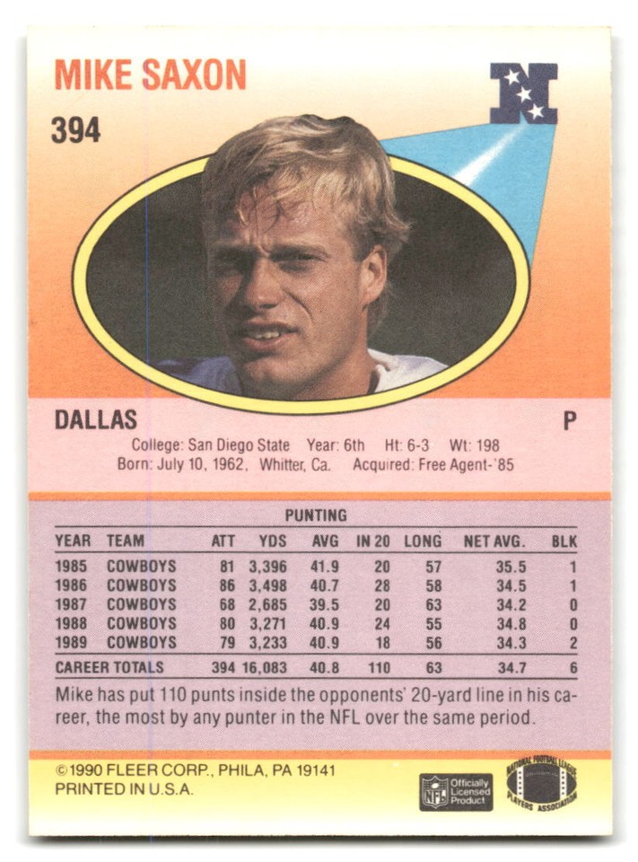Mike Saxon 1990 Fleer #394 Dallas Cowboys FOOTBALL | eBay