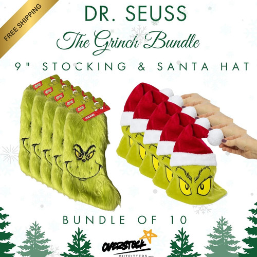 Dr. Seuss THE GRINCH BUNDLE 9" Stockings & Santa Hats – 5 ea (BUNDLE OF ...