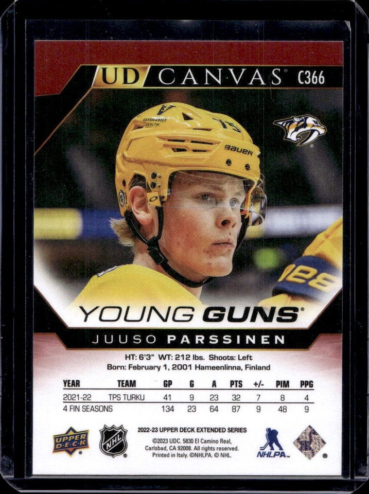 Juuso Parssinen 2022-23 Upper Deck #C366 Canvas Young Guns Rookie | eBay