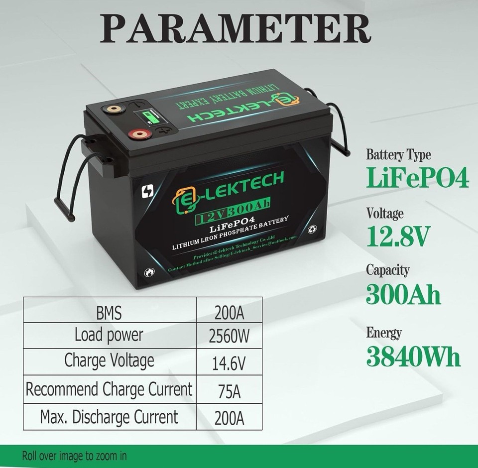 E-LekTech 12V 300Ah LiFePO4 Lithium Battery Built-in 200A BMSGolf Cart ...