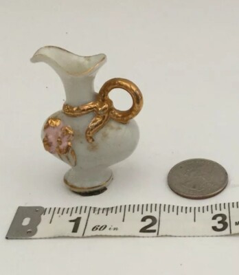 Very Old Miniature Ceramic Pitcher, White With Gold Trim | eBay