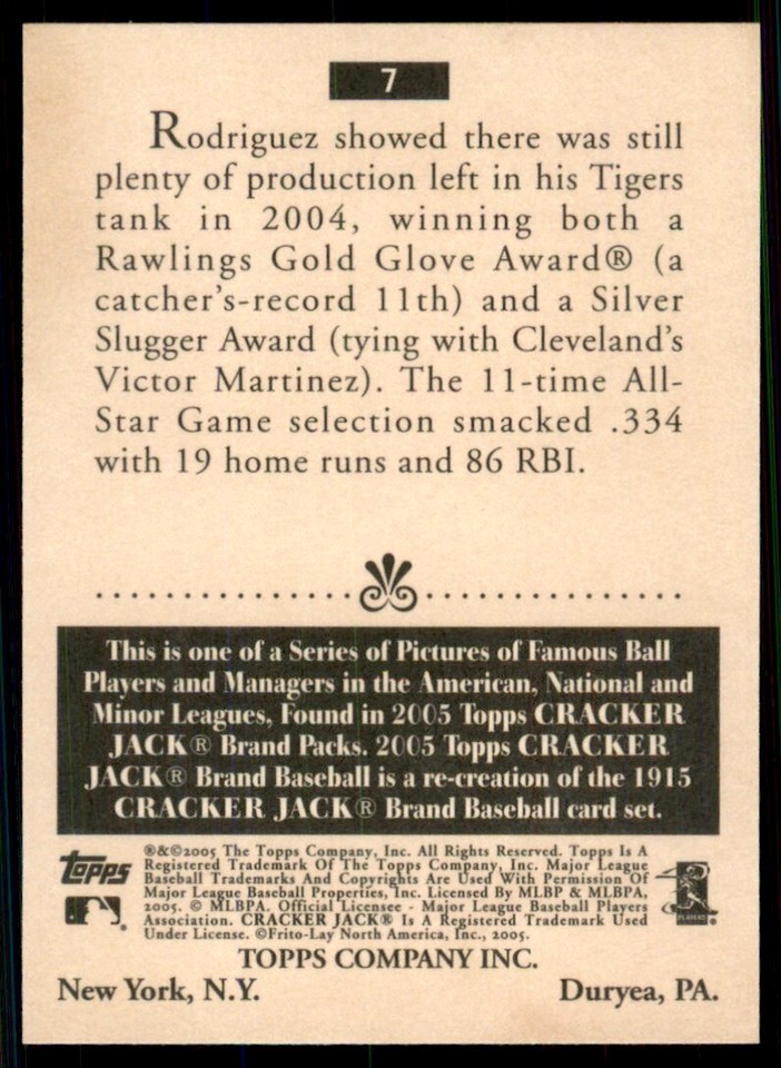 2005 Topps Cracker Jack Ivan Rodriguez Detroit Tigers #7 MLB Baseball ...