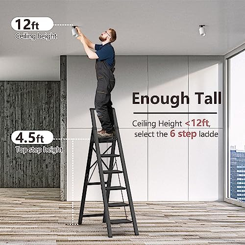 Ladder for 12 Feet High Ceiling, Lightweight Aluminum Folding 6 Step ...