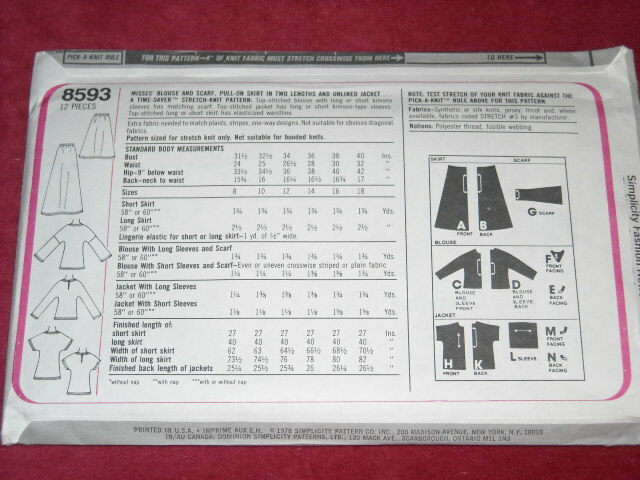 🌸 1978 UNCIRCULATED SIMPLICITY #8593-LADIES BLOUSE-SKIRT-JACKET PATTERN ...