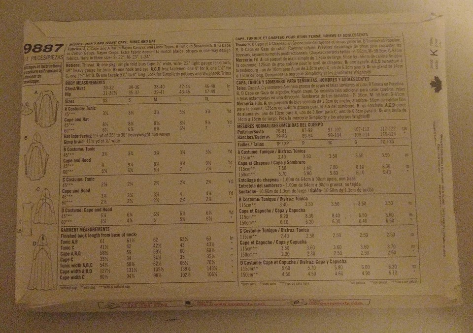 Costume Simplicity 9887 Cape, Tunic, Hat Wizard, Medieval SZ XS-XL ...