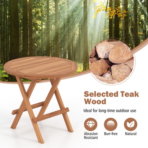 Folding Patio Side Table Teak Wood Round Slatted Tabletop Portable ...