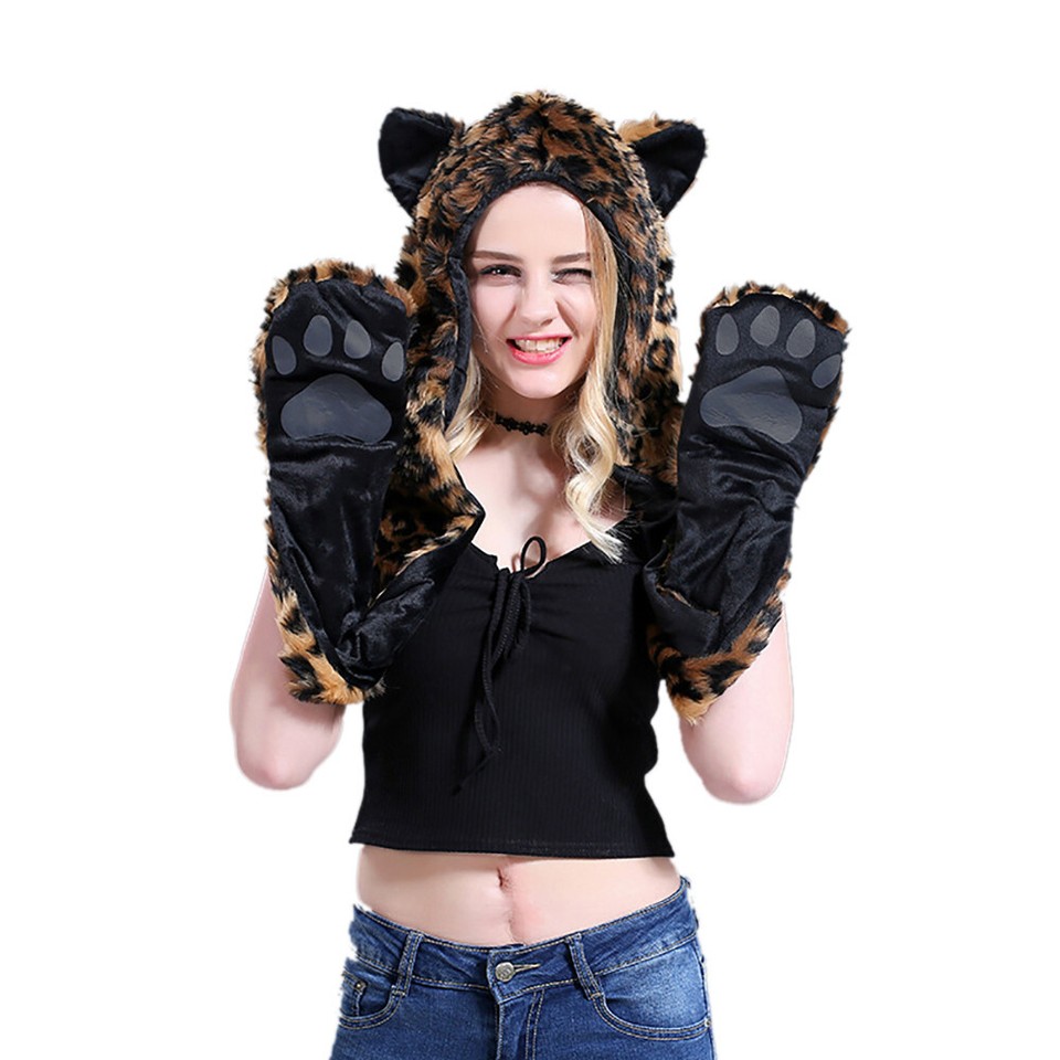 Animal Hat Hood Scarf Animal Ears Winter Cap With Paws Mittens For ...