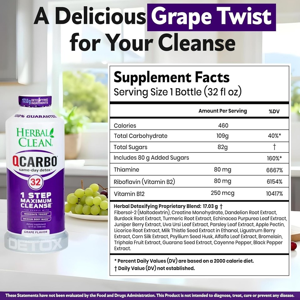 Herbal Clean Qcarbo32 Same Day Detox Cleanse Drink 32 fl oz Grape ...