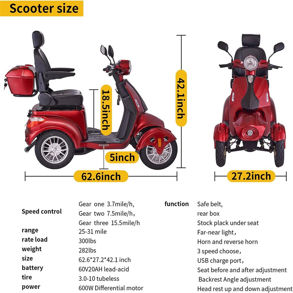 800W-1000W Motor 4-Wheel All-Terrain Electric Mobility Scooter for Farm ...