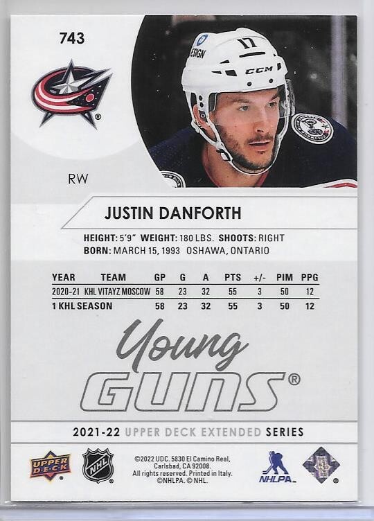 JUSTIN DANFORTH 2021-22 UD EXTENDED SERIES YOUNG GUNS SP RC/CANADA/BLUE ...