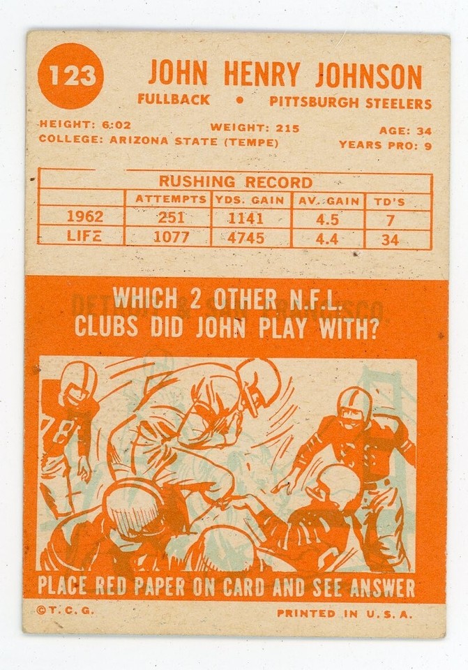 1963 Topps JOHN HENRY JOHNSON Pittsburgh Steelers #123 EX Condition | eBay