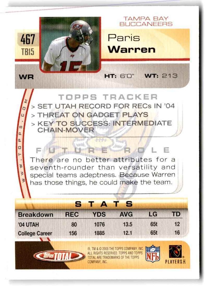2005 Topps Total Paris Warren Tampa Bay Buccaneers #467 | eBay